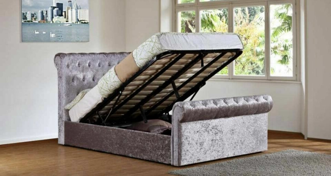 Crushed velvet sleigh bed with drawers store